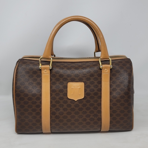Celine | Bags | Vintage Celine Triomphe Boston Canvas Brown Leather ...